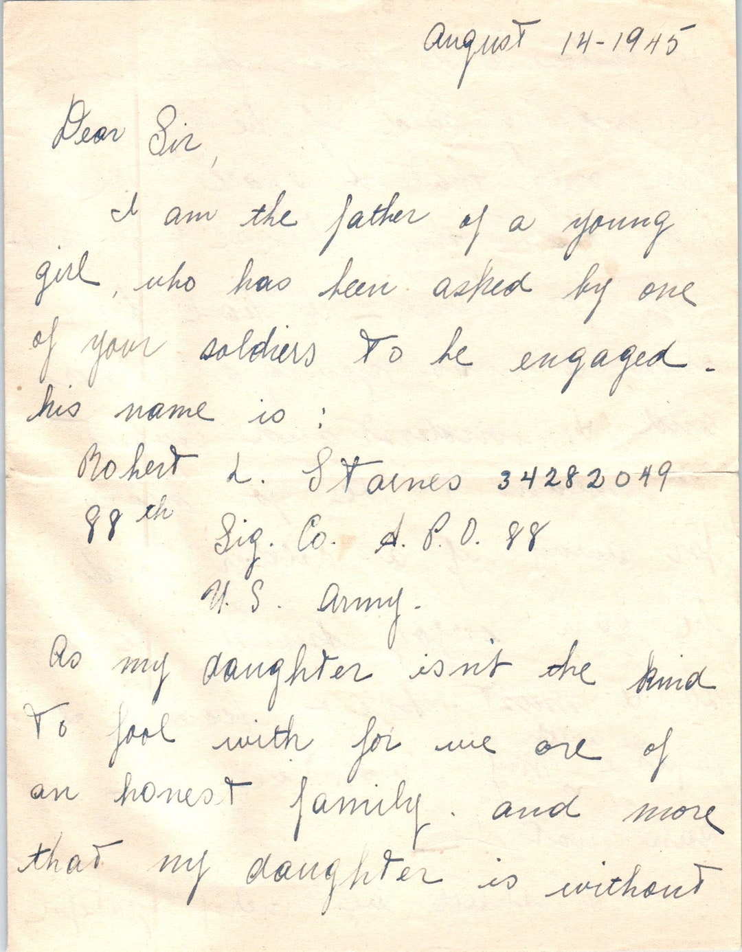 1945 WWII Handwritten Letter Robert L. Staines 88th Sig Co AB6-OD1 ...