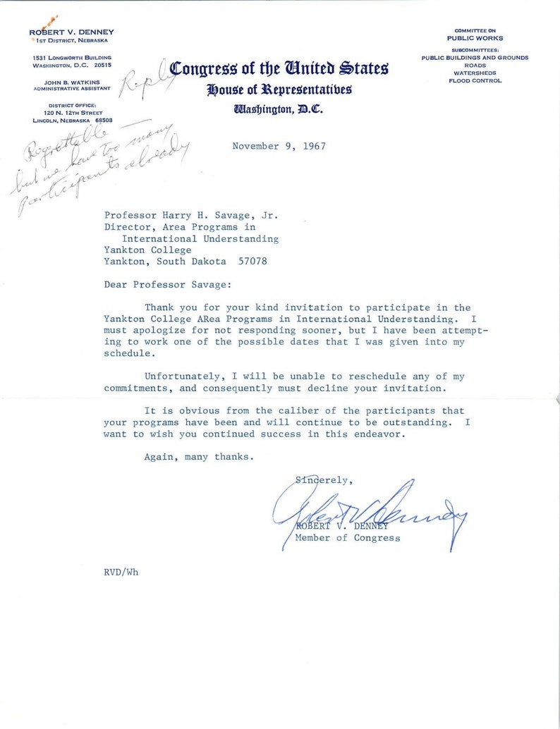 House of Representatives Official Letterhead Robert V. Denney Nov 1967 ...