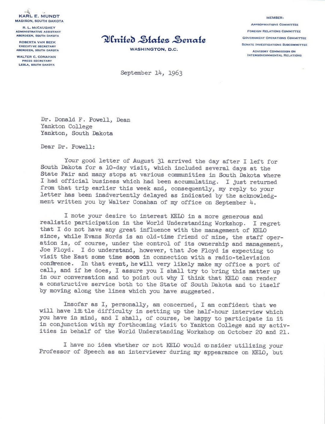 South Dakota Senator Karl Mundt Official Letterhead Signed Memo Sep ...