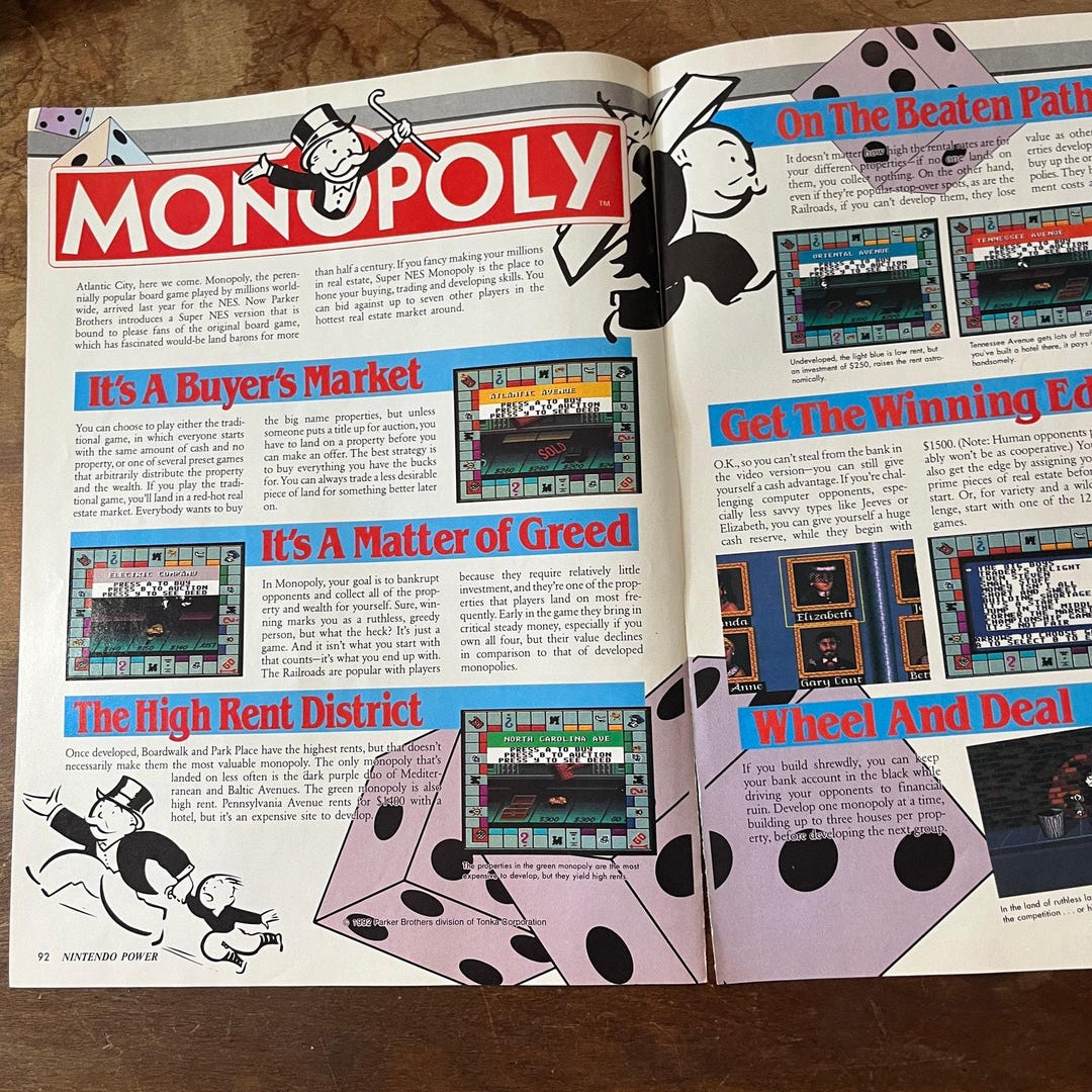 Monopoly Super NES 2 Page Strategy Guide 1992 Article AG1-12 - Etsy