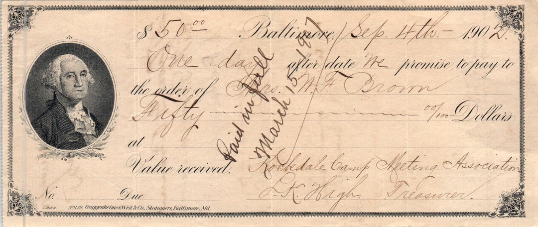 1902 Bank Check George Washington Engraving Baltimore MD AE5 - Etsy