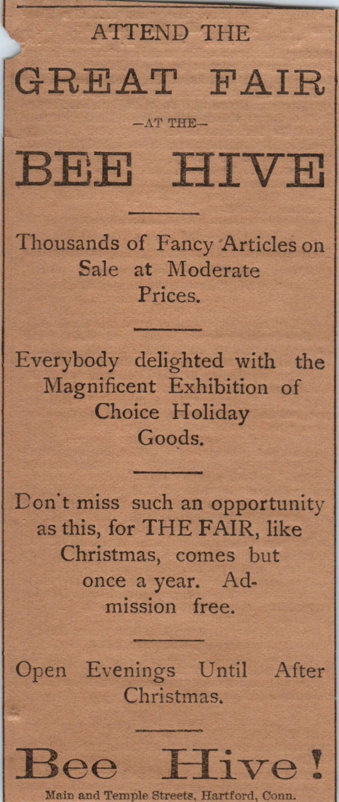 Great Fair at the Bee Hive Main & Temple Sts. 1886 Hartford Victorian ...
