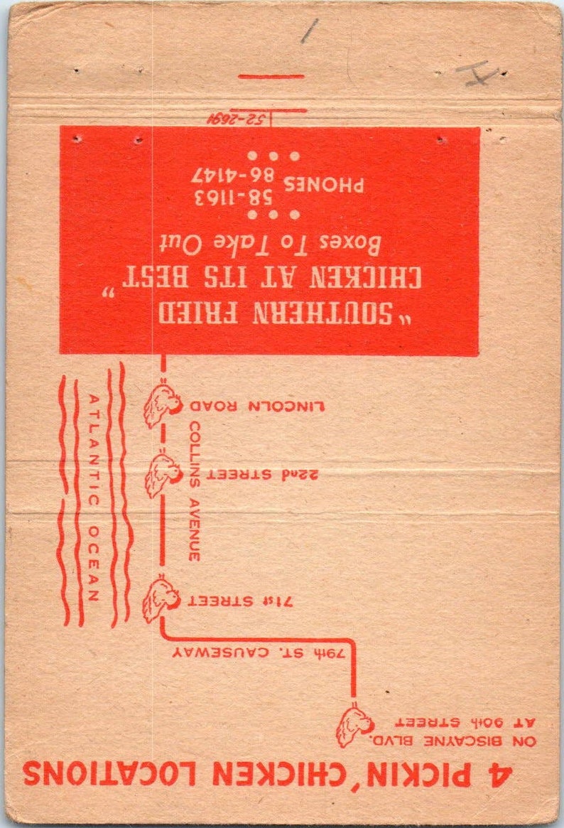 Pickin' Chicken Restaurant Miami FL Advertising Matchbook Cover SA1-M5 ...