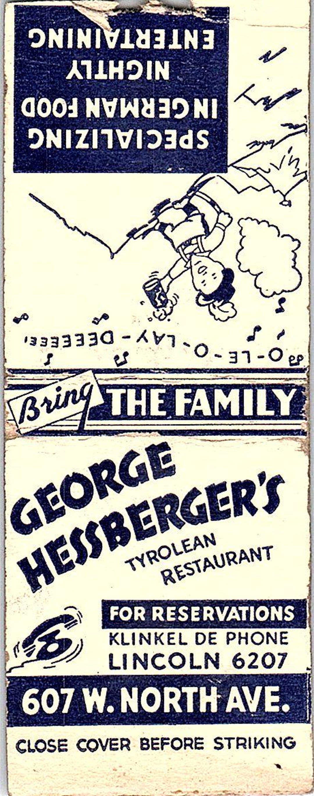 George Hessberger's Tyrolean Restaurant Melrose Park IL Matchbook Cover ...