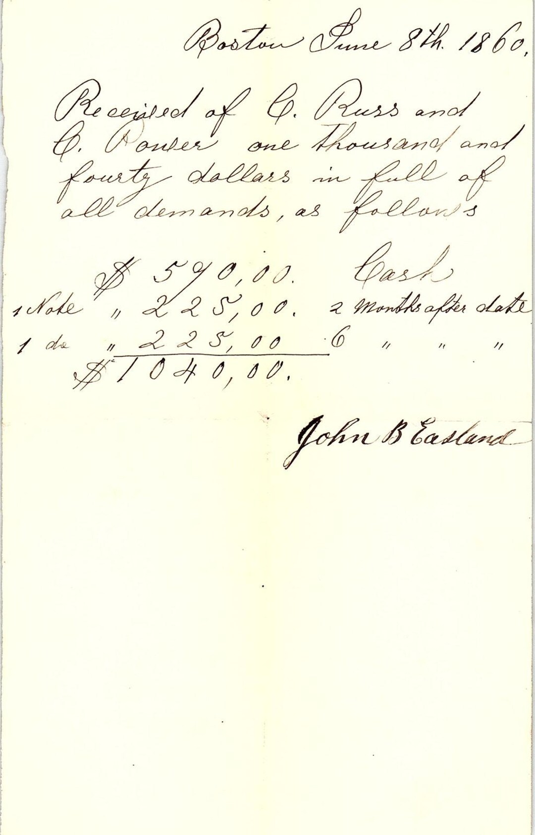 1860 Handwritten Receipt John B. Eastland Boston MA AF4-1 - Etsy