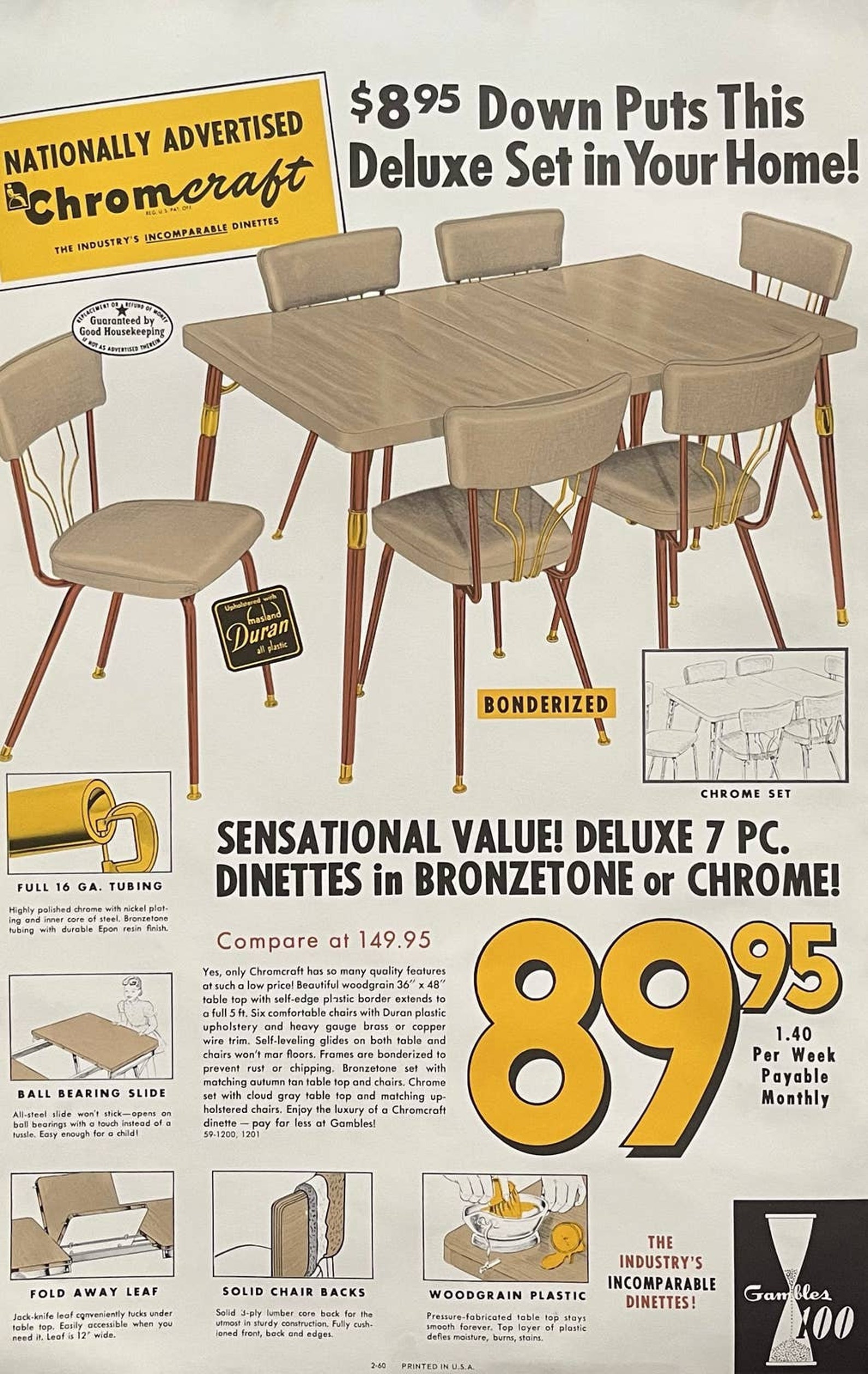 1960 MCM Chromcraft Dinette Gambles 100 Retail Store Advertising Poster ...