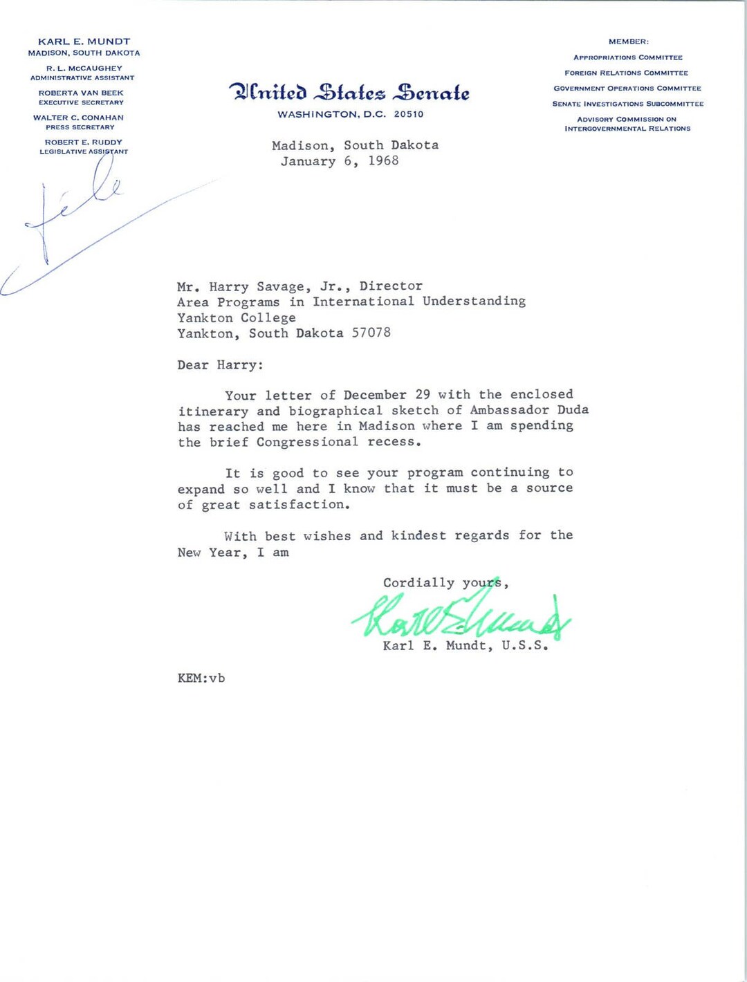 South Dakota Senator Karl Mundt Official Letterhead Signed Memo 1968 ...