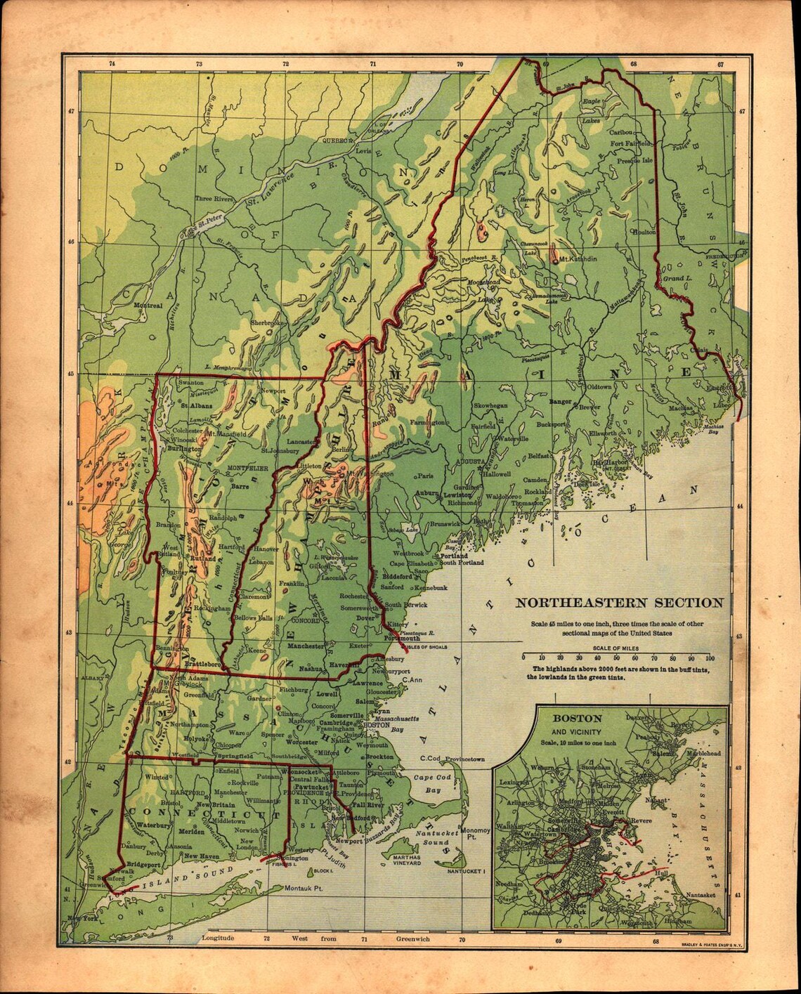 Northeast USA Connecticut New Hampshire Massachusetts Maine 1901 Map ...