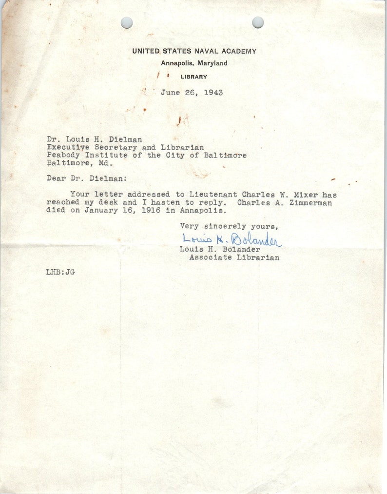 1943 WWII Era Letterhead Memo United States Naval Academy Annapolis D18 ...