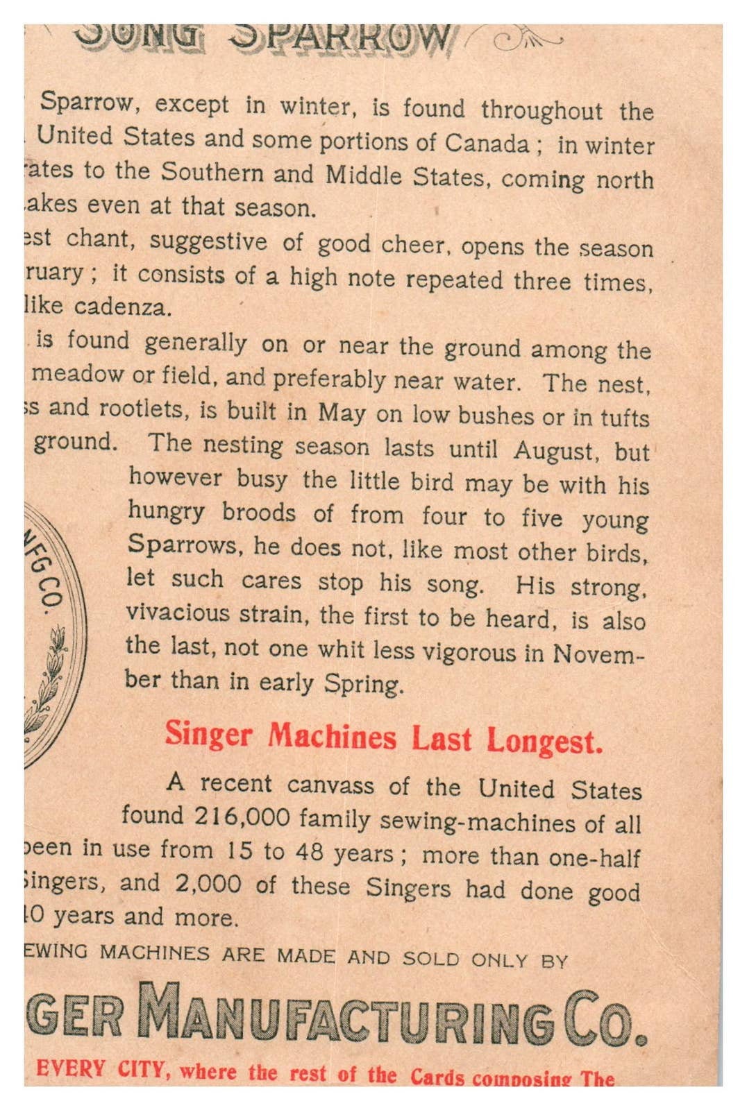 Song Sparrow Singer Sewing Machines Trimmed - 1880s Victorian Trade ...