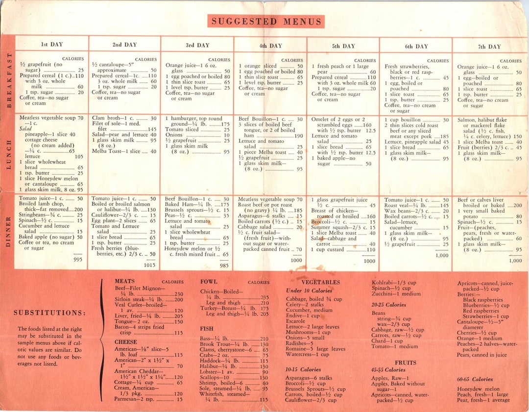 Vintage Warner-chilcott Laboratories 1000 Calorie Diet Plan and ...