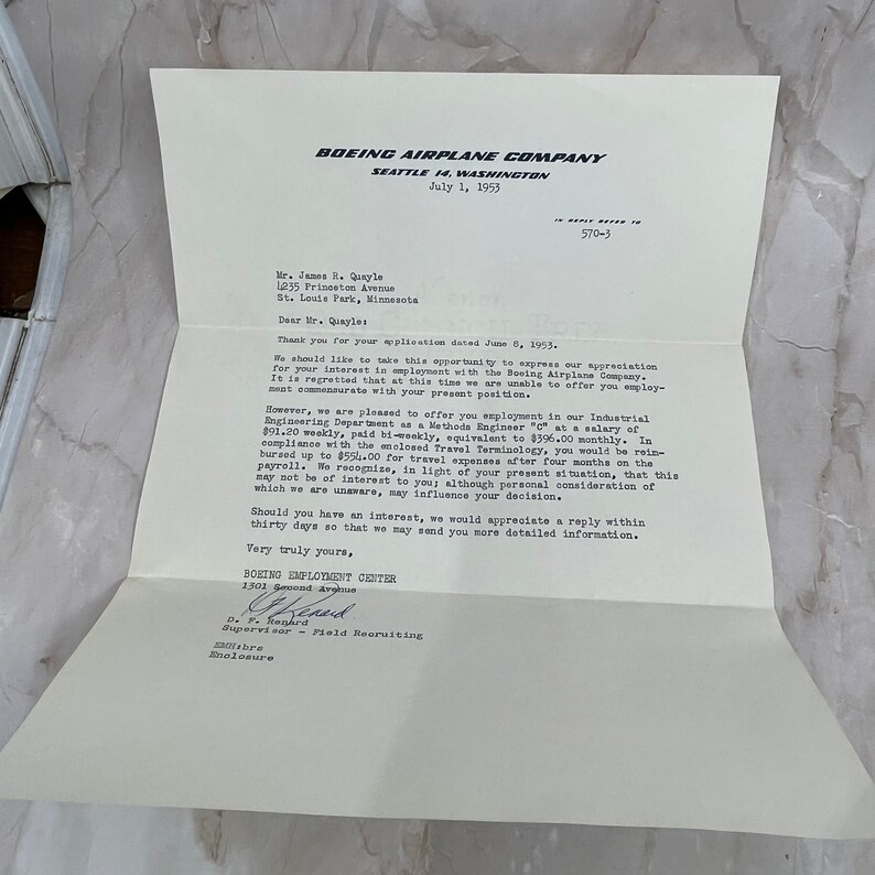 1955 Boeing Airplane Company Wichita KS Employment Offer and Ephemera ...