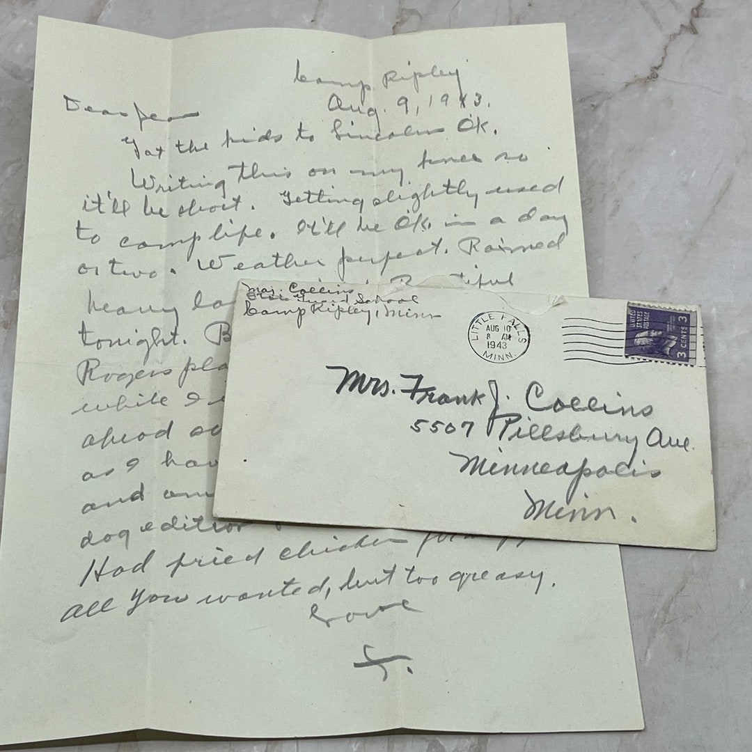 1943 WWII Letter From Camp Ripley to Minneapolis MN Mrs. Frank Collins ...