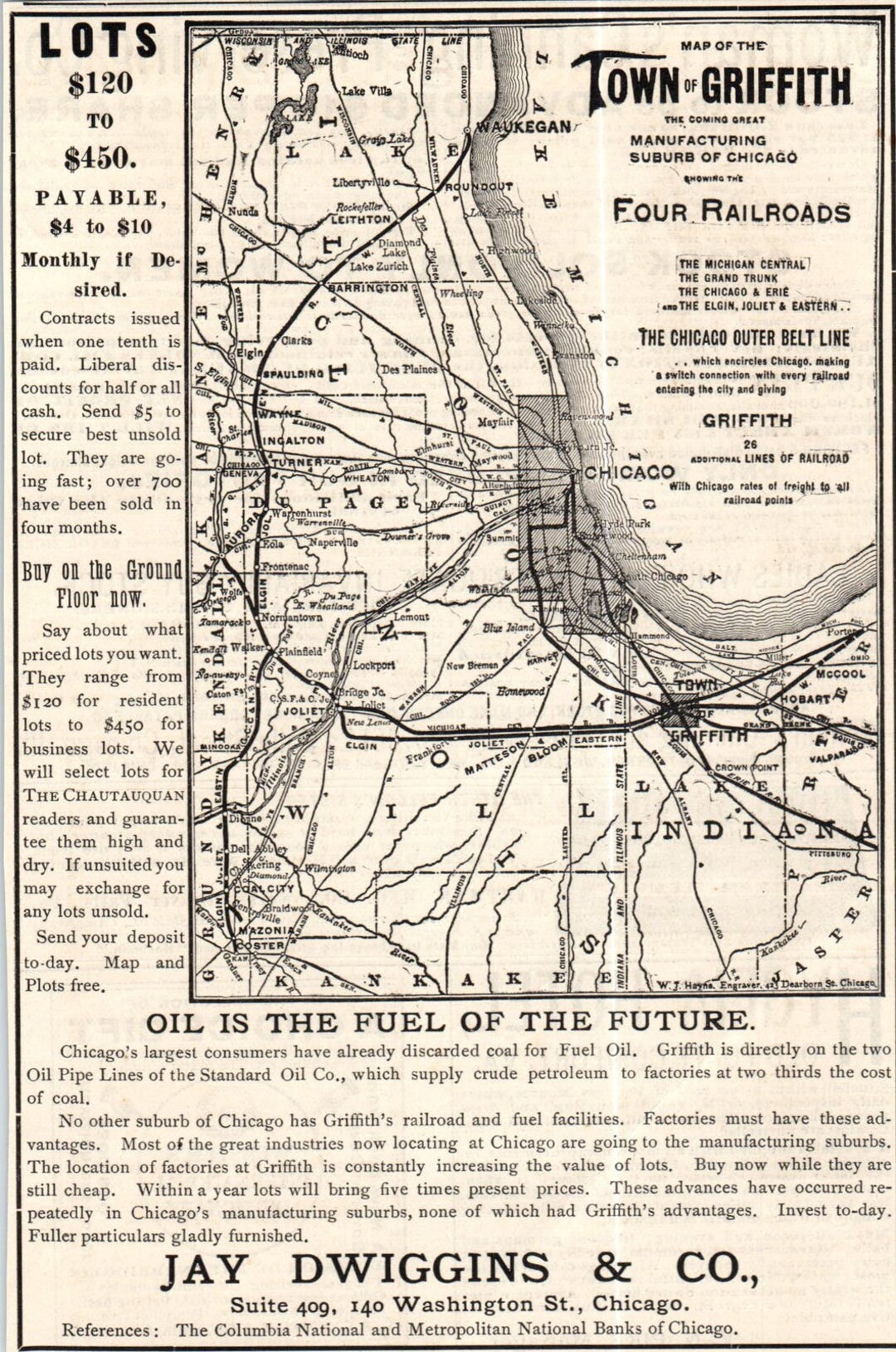 Town of Griffith Map of Lots Chicago Suburb Jay Dwiggins C1890 ...