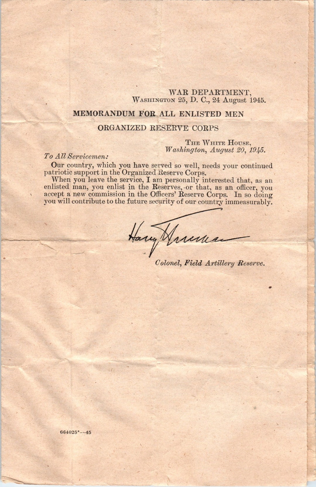 1945 WWII War Department Memo for Enlisted Men Call to Join Reserve ...