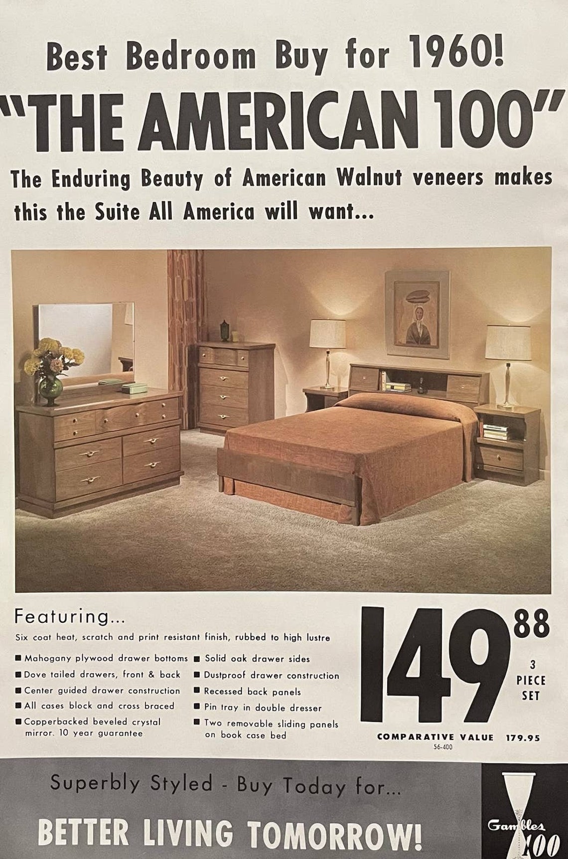 1960 MCM Bedroom Set Gambles 100 Retail Store Display Advertising ...