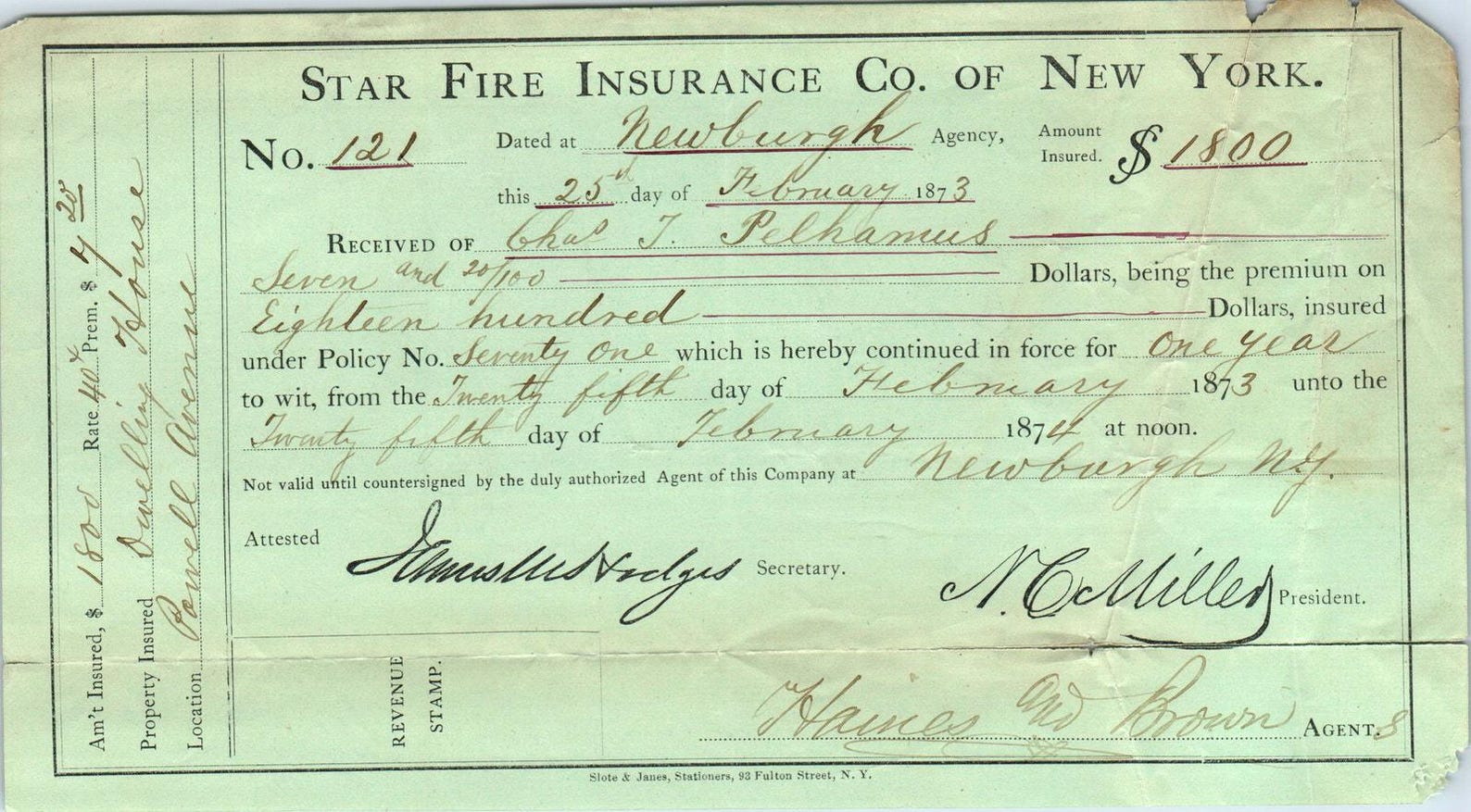 1873 Star Fire Ins Co of NY Letterhead Receipt Newburgh Chas J Pelhamus ...