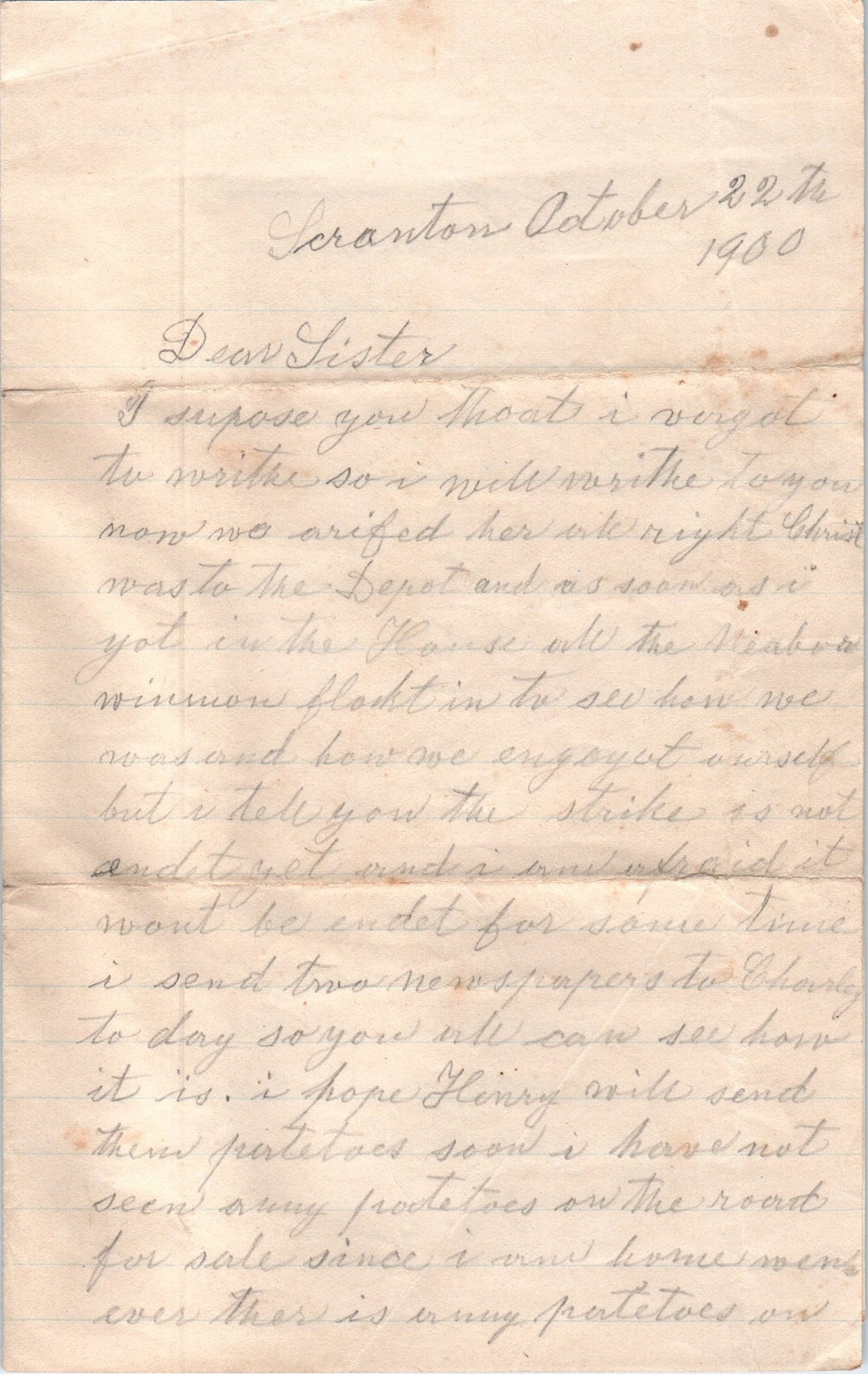 1900 Handwritten Letter Mary Schneikert Lackawanna County - Scranton ...