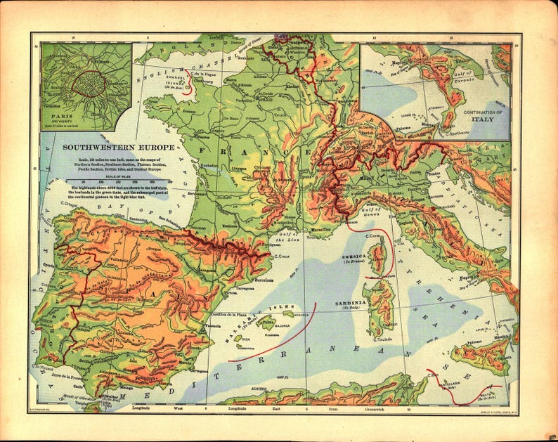 Map of Southwestern Europe 1901 Original Engraving V1-1 - Etsy