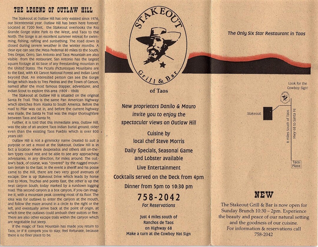 Stakeout Grill & Bar of Taos Menu Vintage Fold Out Travel Brochure TH2 ...