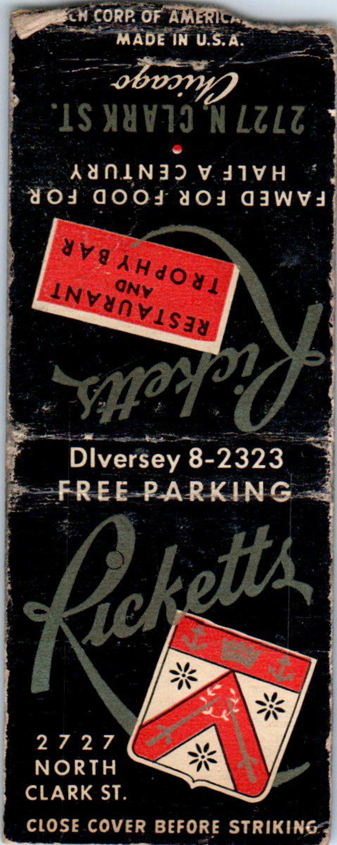 Ricketts Restaurant & Trophy Bar Chicago Vintage Matchbook Cover SD4 ...