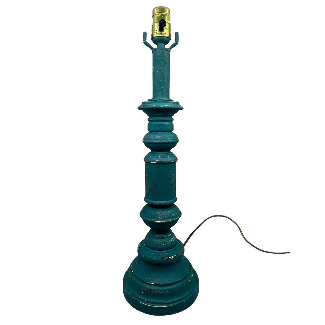 Vintage Shabby Chic Distressed Turquoise Table Lamp W/ Harp & Finial ...