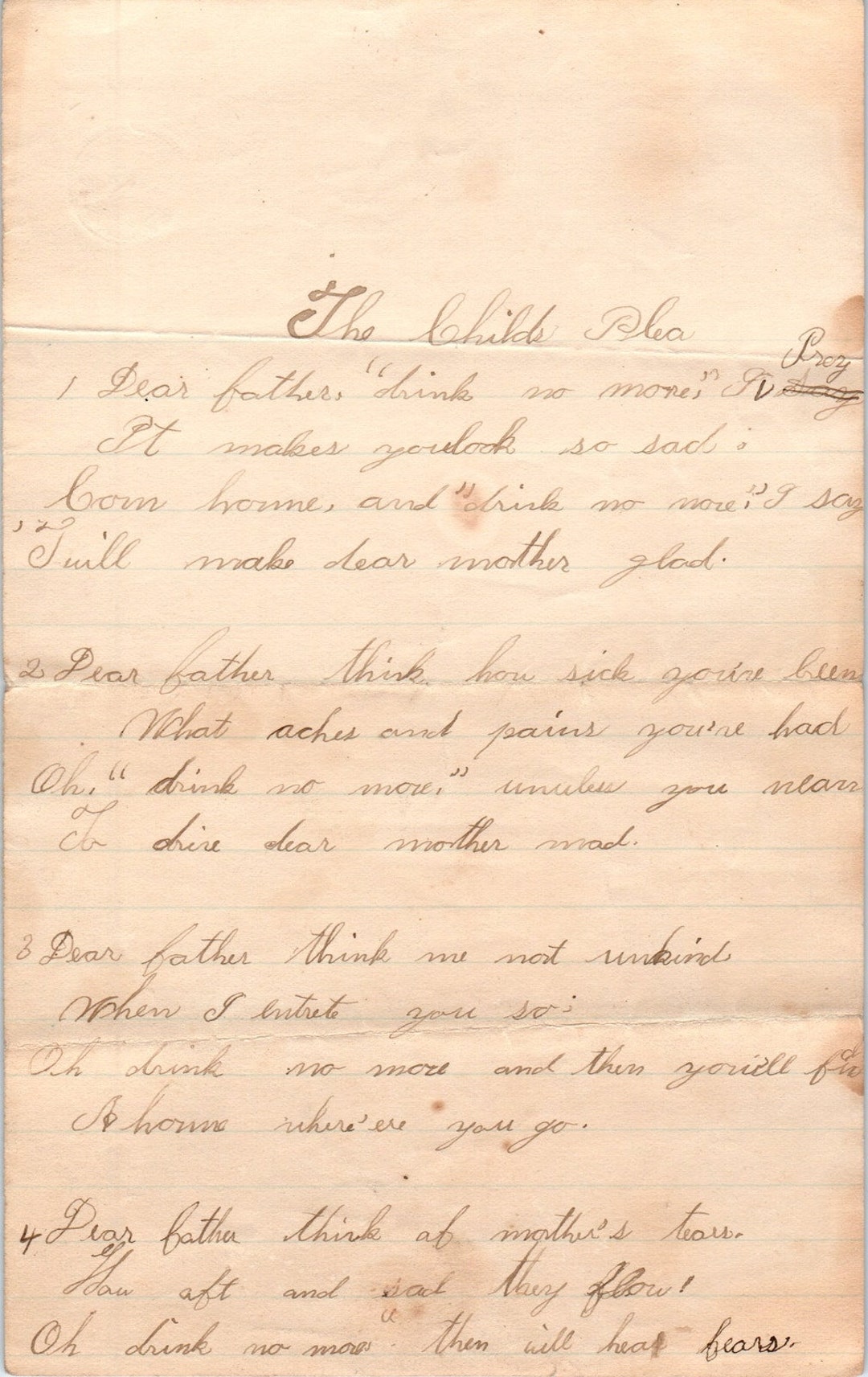 1870s Handwritten Poem - the Child's Plea Ida B. Leman Soudersburg PA ...