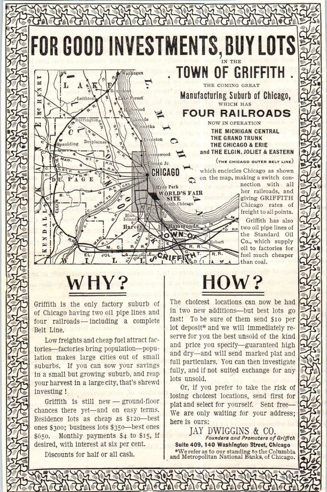 Town of Griffith Map of Lots Chicago Suburb Jay Dwiggins C1890 ...