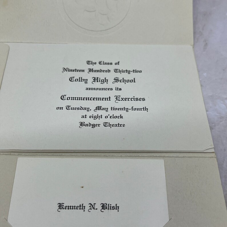 1932 Invitación de graduación de la escuela secundaria Colby Badger ...