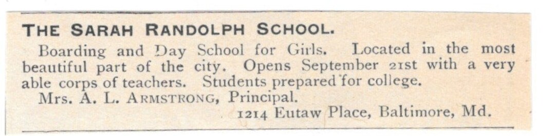 The Sarah Randolph School for Girls A.L. Armstrong Baltimore MD 1892 Ad ...