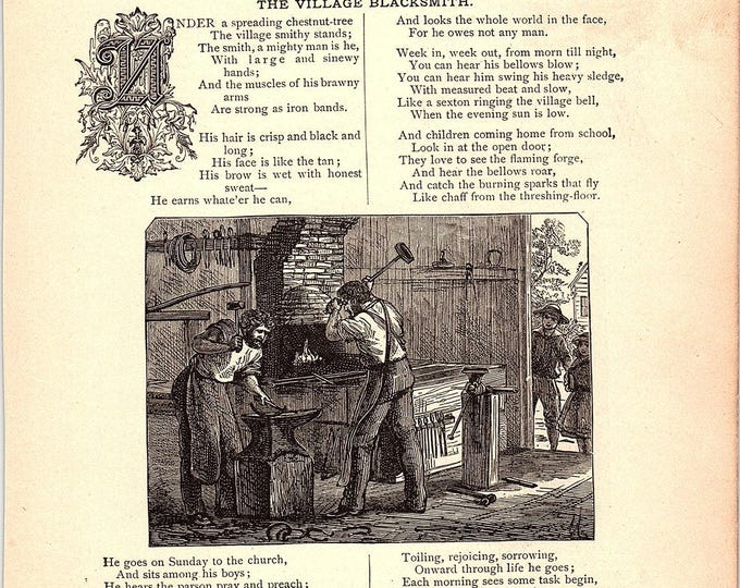 The Village Blacksmith - Henry Wadsworth Longfellow 1884 Poem TA5-CJ-3 ...