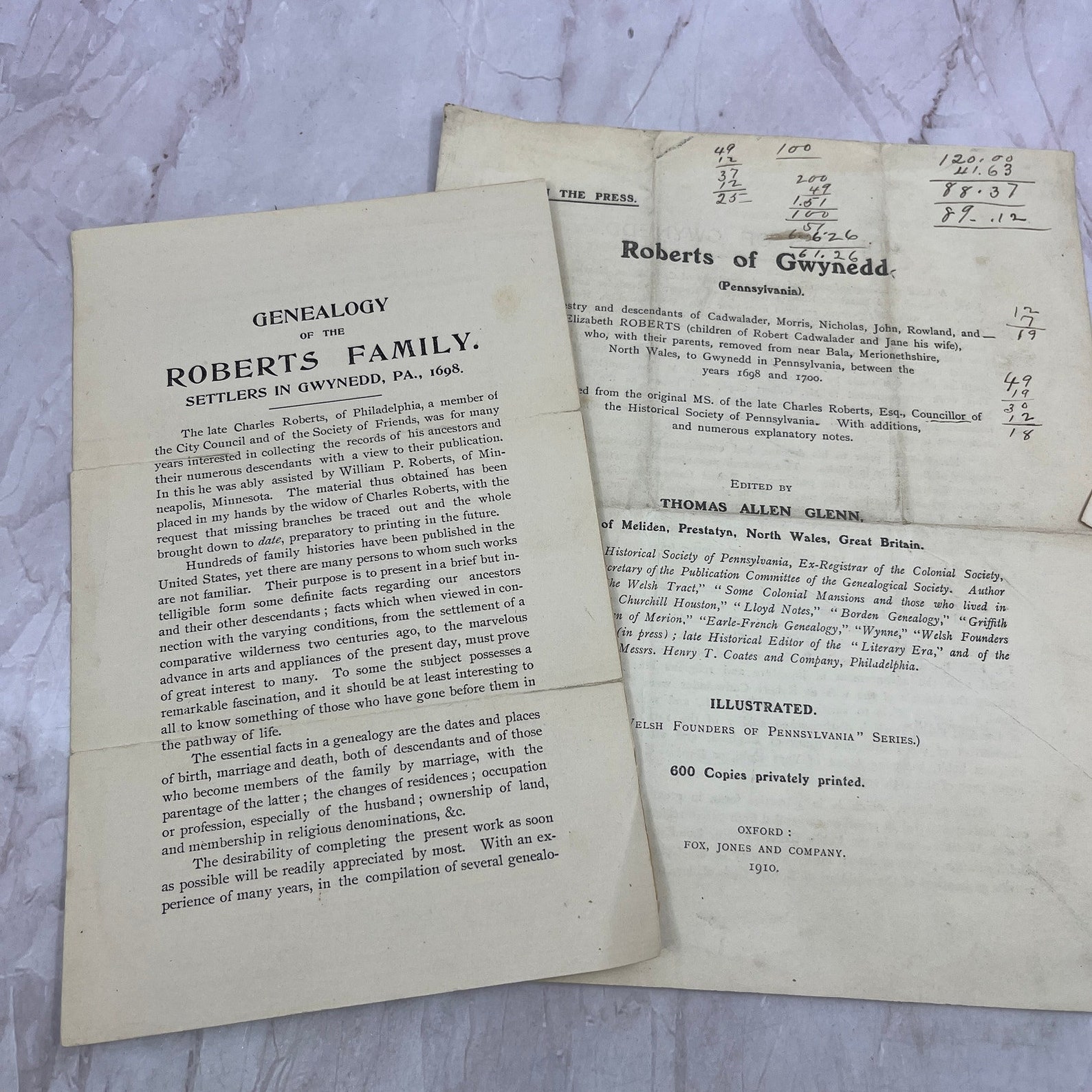 1910 Genealogy of the Roberts Family Leaflets Charles Roberts Gwynedd ...