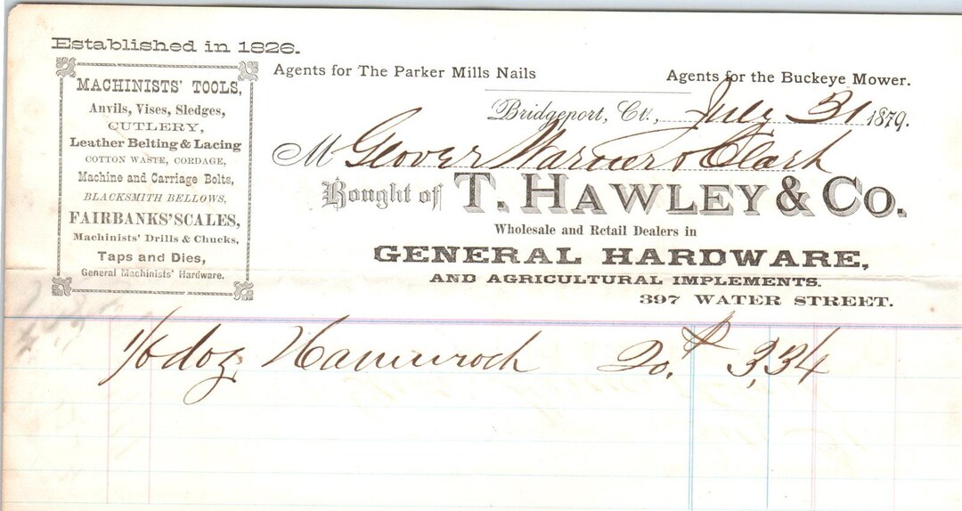 1879 T. Hawley & Co General Hardware Bridgeport CT Receipt Letterhead ...