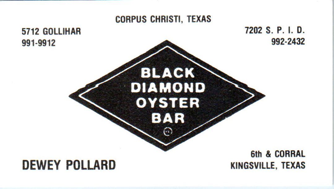 Black Diamond Oyster Bar Dewey Pollard Kingsville Vintage Business Card ...