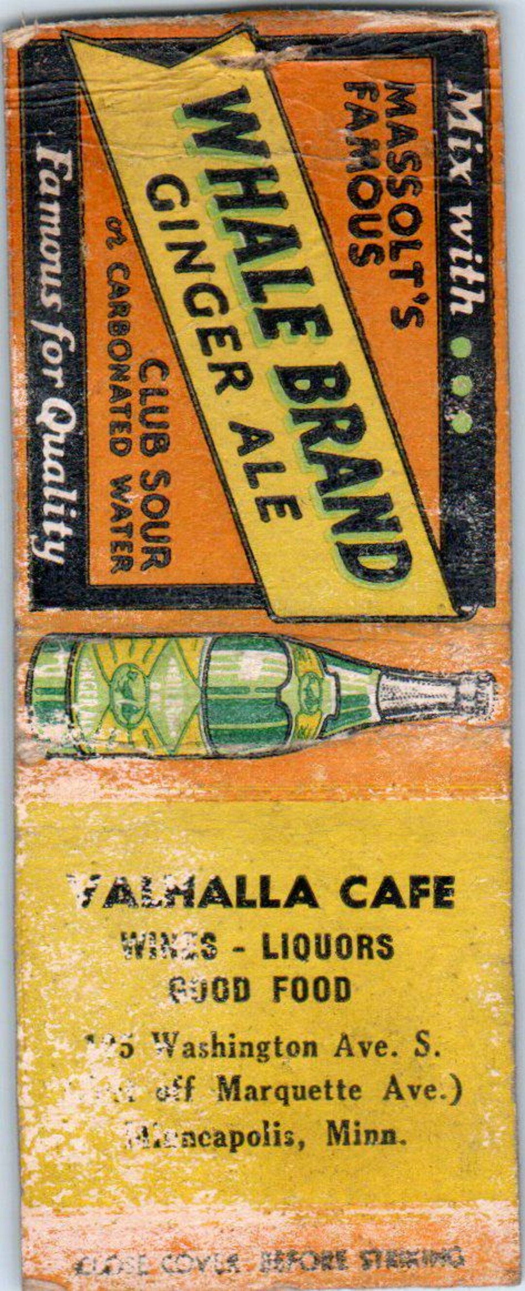 Valhalla Cafe Minneapolis Whale Brand Ginger Ale Vintage Matchbook ...