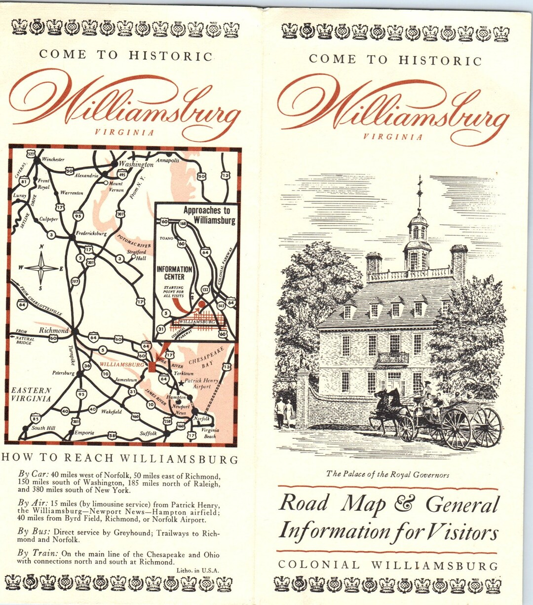 Vintage Historic Colonial Williamsburg Virginia Map & Brochure TF4-B3 ...