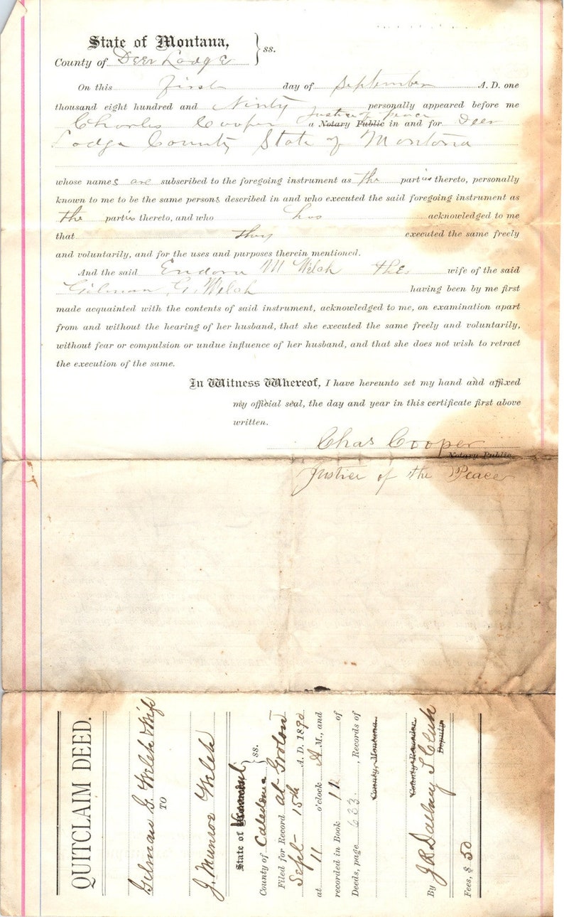 1890 Deer Lodge Montana Quitclaim Deed Gilman G. Welch AF7-E6 - Etsy