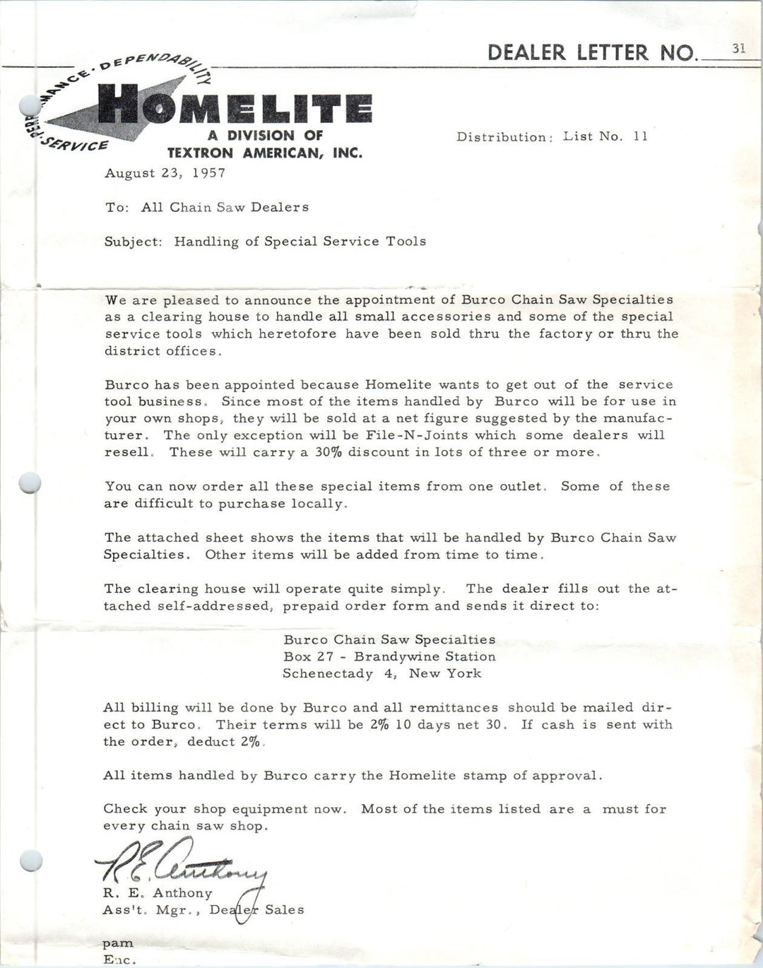 1957 Homelite Dealer Letter Burco Chain Saw Specialties Announcement ...