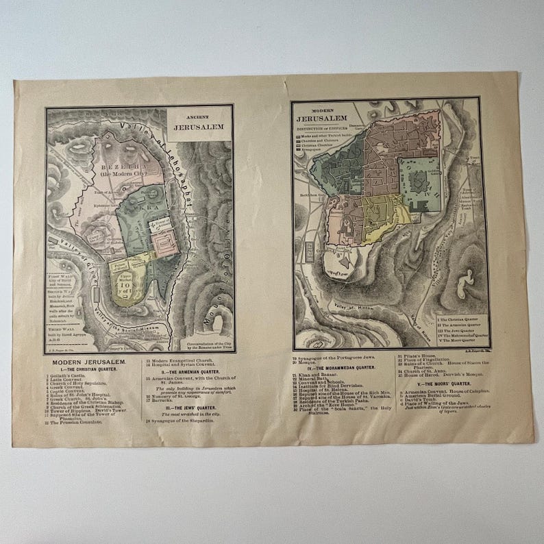 New Map of Palestine Holy Land New & Ancient Jerusalem 1892 Engraving ...
