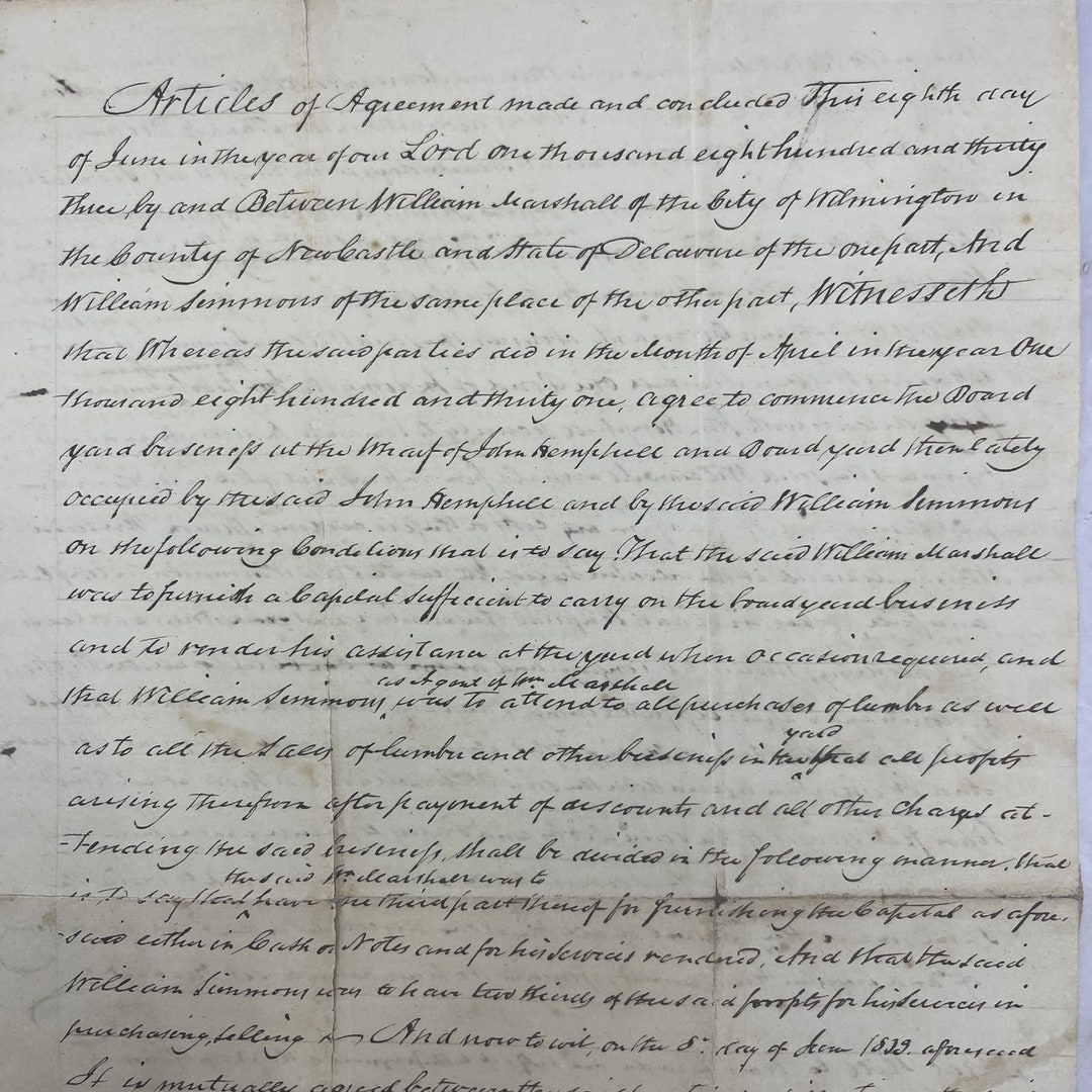 1833 Handwritten Contract William Marshall Wilmington DE & William ...