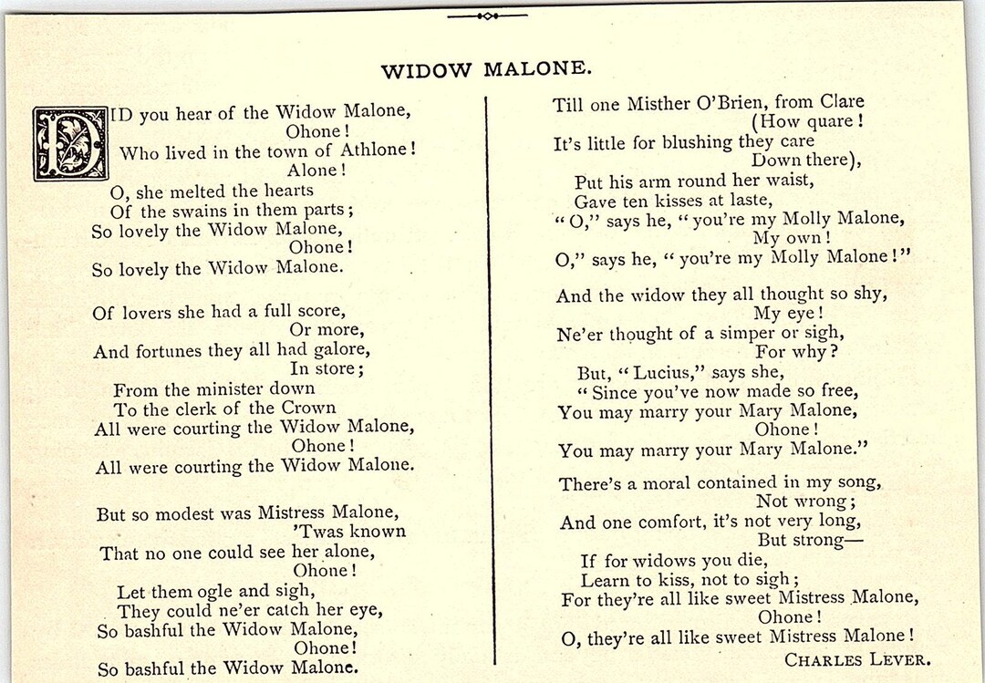Widow Malone - Charles Lever 1884 Poem AG3-1 - Etsy