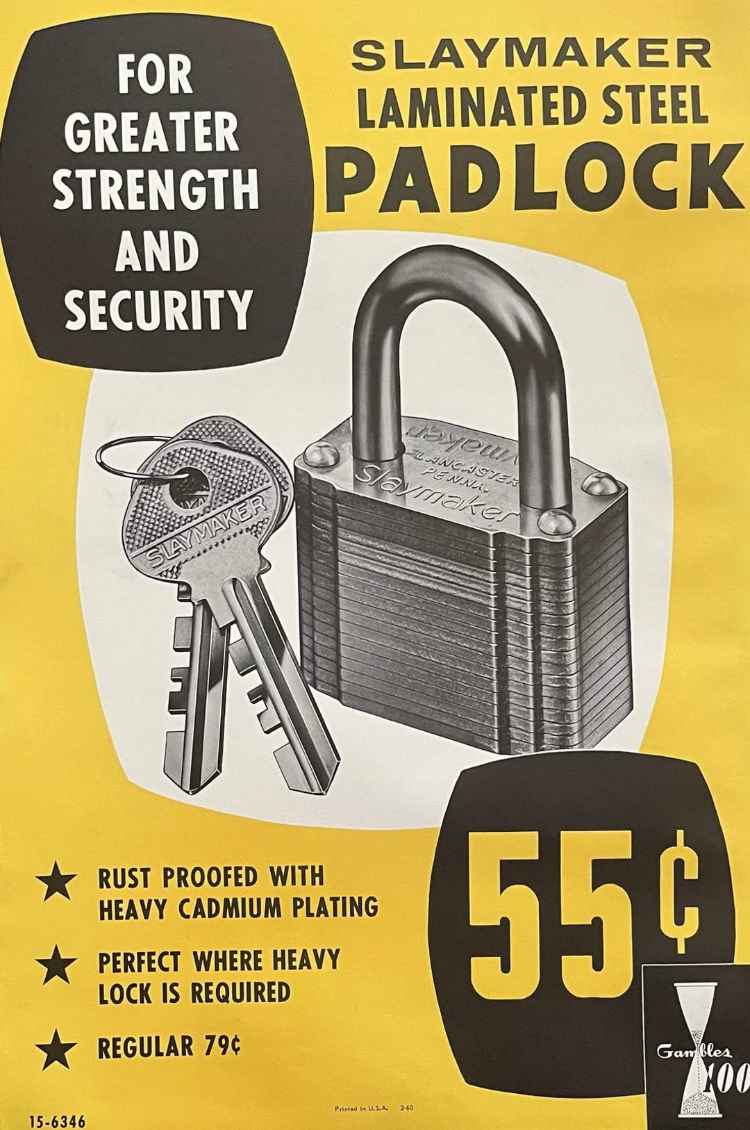 1960 Slaymaker Padlock Gambles 100 Store Display Advertising Poster 13 ...