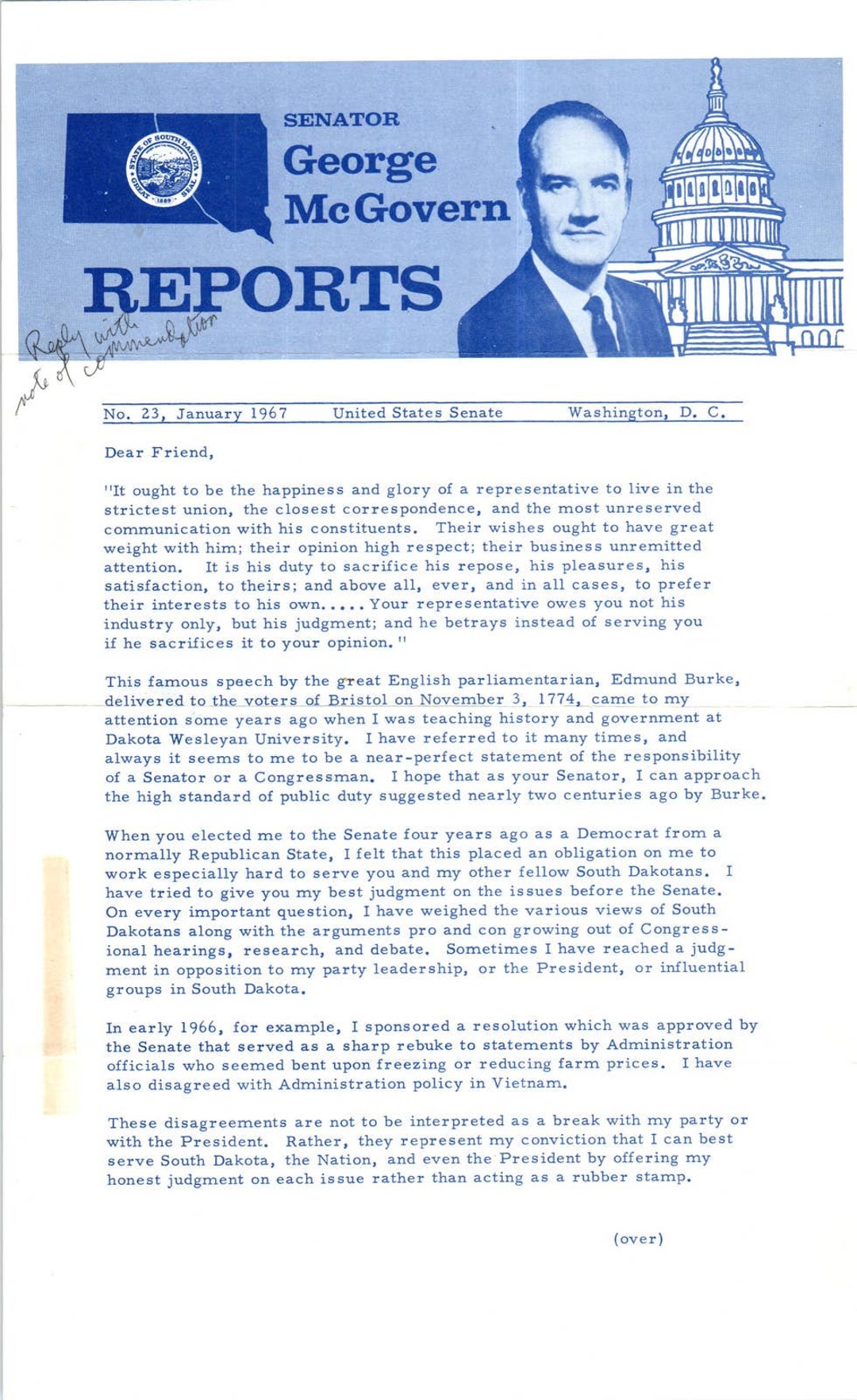 Senator George Mcgovern Reports Newsletter Jan 1967 Original TK1-P7 - Etsy