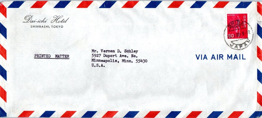 1960s Dai-ichi Hotel Shimbashi Tokyo Air Mail Envelope to Minneapolis AE2 - Etsy