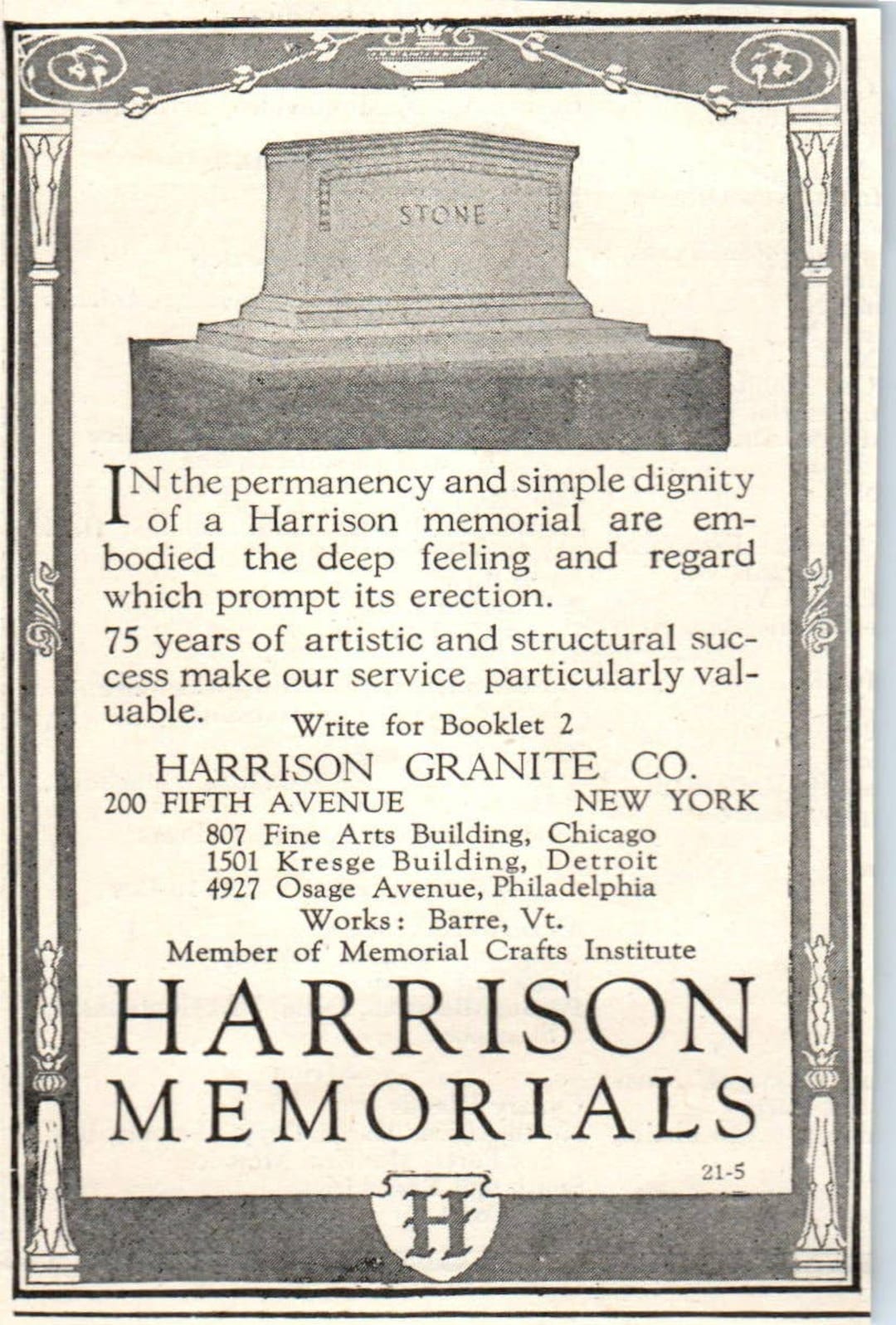 Harrison Memorials Harrison Granite Co NY Tombstones - 1903 Original Ad ...