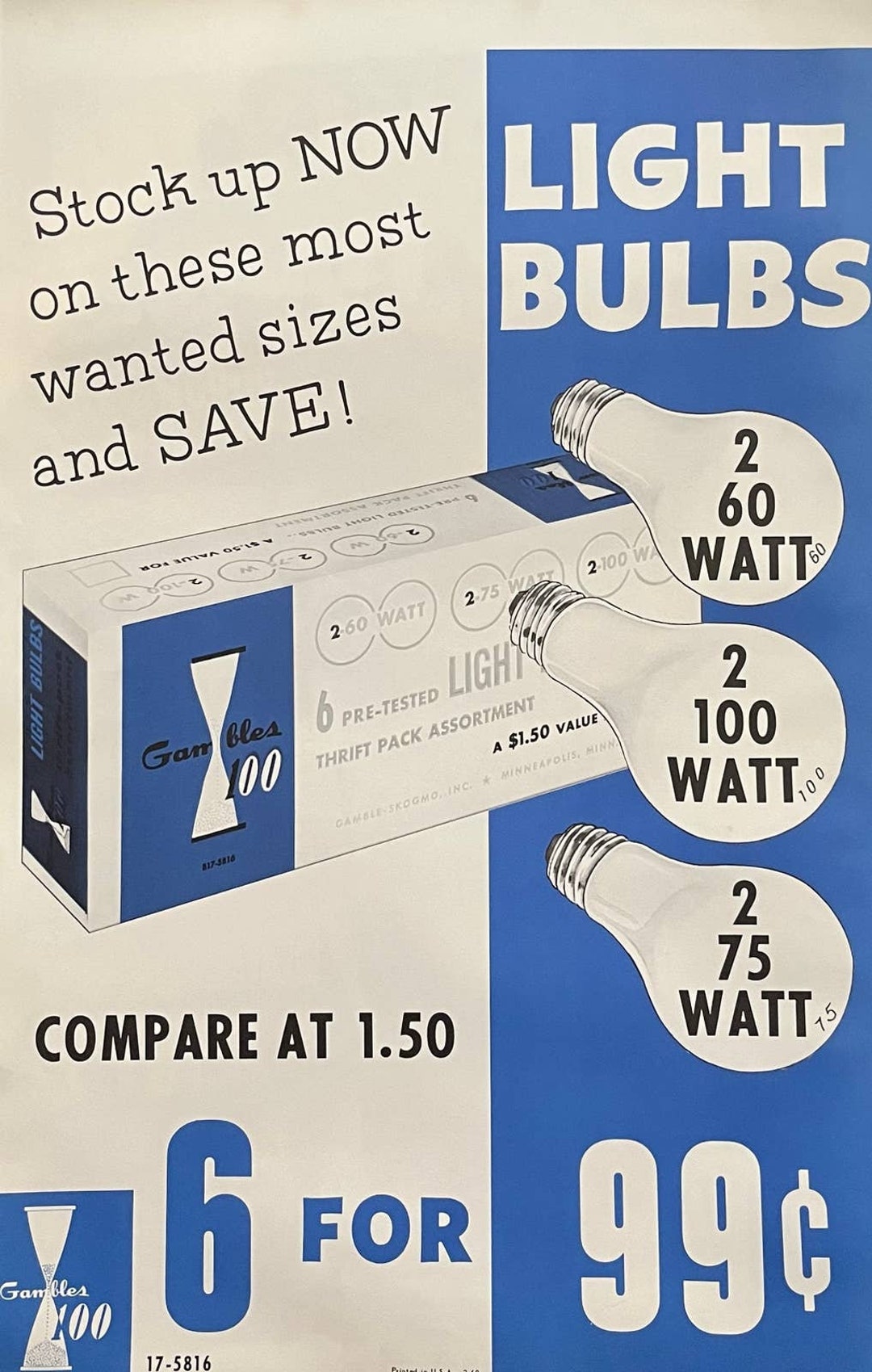 1960 Light Bulbs Gambles 100 Retail Store Display Advertising Poster 13 ...