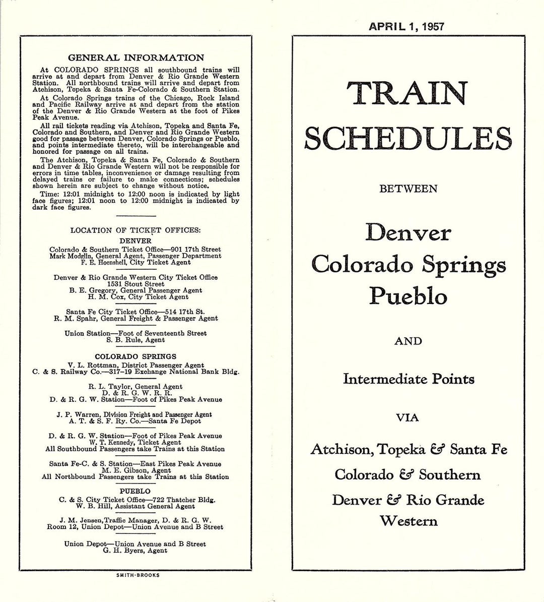 1957 Train Schedules Between Denver Colorado Springs Pueblo Timetable ...