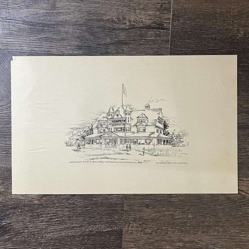 1893 Columbian Exposition WI State Building Sketch Wm. Waters Oshkosh ...