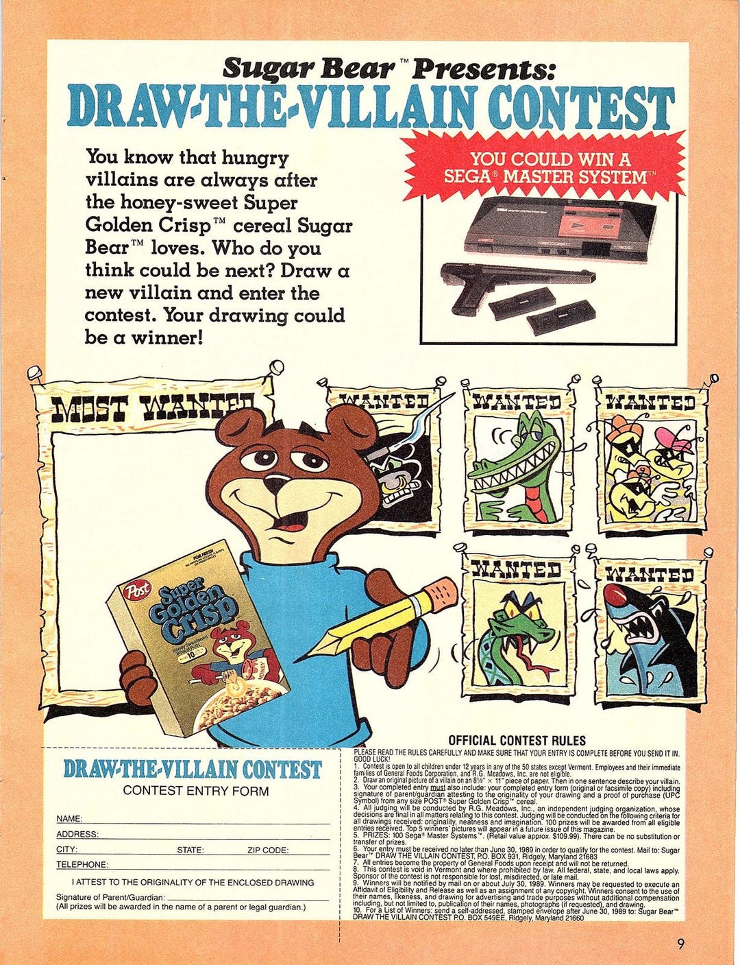 Super Golden Crisp Sugar Bear Draw-the-villain Contest Sega 1989 Ad AF3 ...