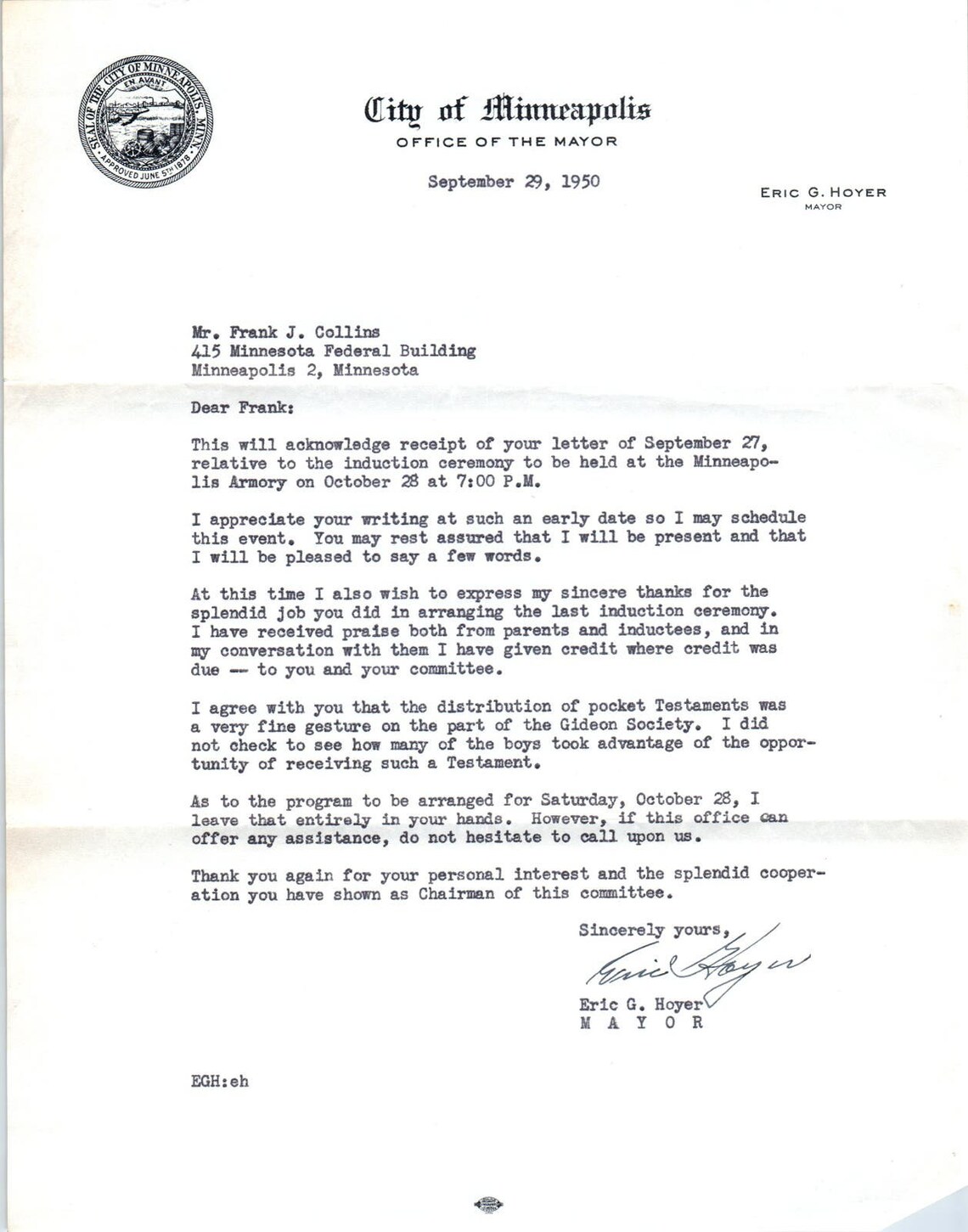 1950 City of Minneapolis Office of the Mayor Official Letterhead Eric G ...